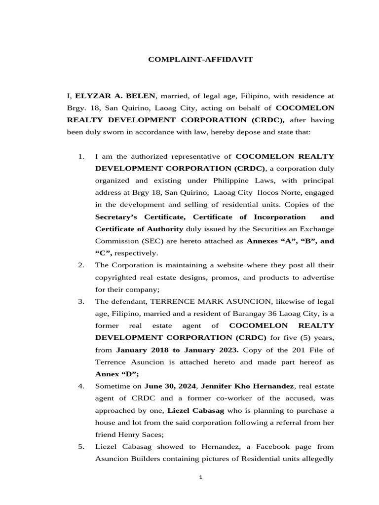 Complaint Affidavit of ELYZAR BELEN With Attachments | PDF