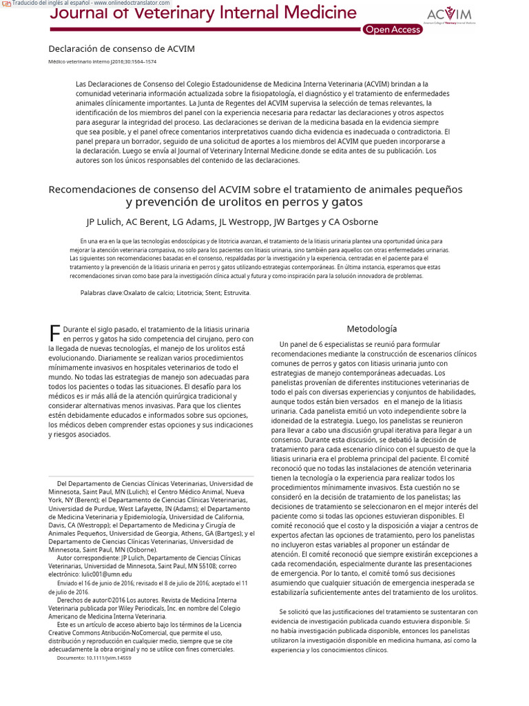ACVIM Small Animal Consensus Recommendations On The Treatment and Prevention (1) .En - Es | PDF