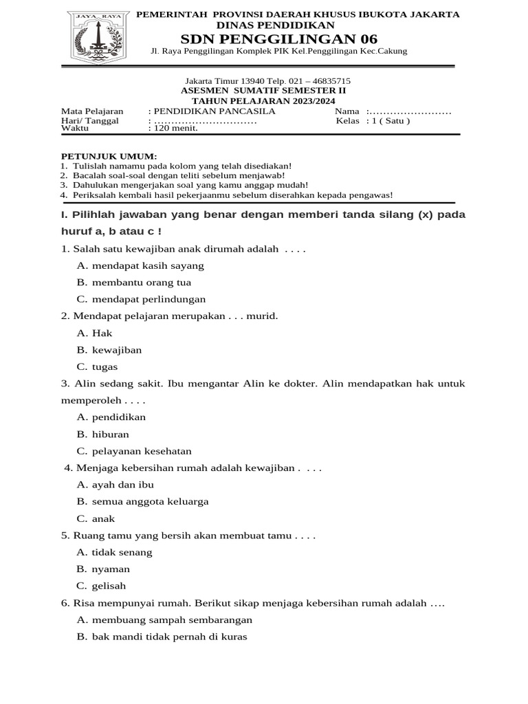 Soal Sumatif PKN Kelas 1 SMS Genap | PDF