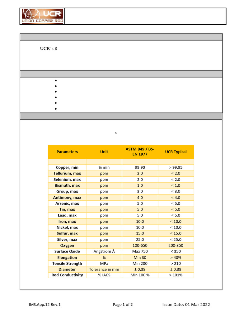 App-12-UCR - Copper Rod Technical Data Sheet | PDF