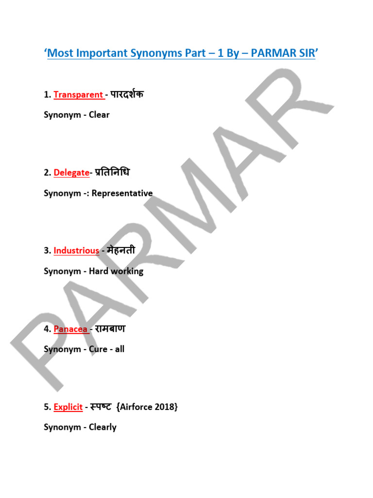 Most Important Synonyms Part - 1 by - PARMAR SIR' | PDF