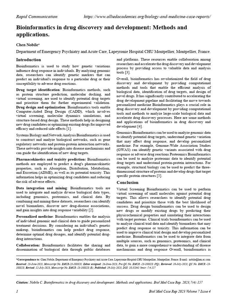 Bioinformatics in Drug Discovery and Development Methods and Applications | PDF