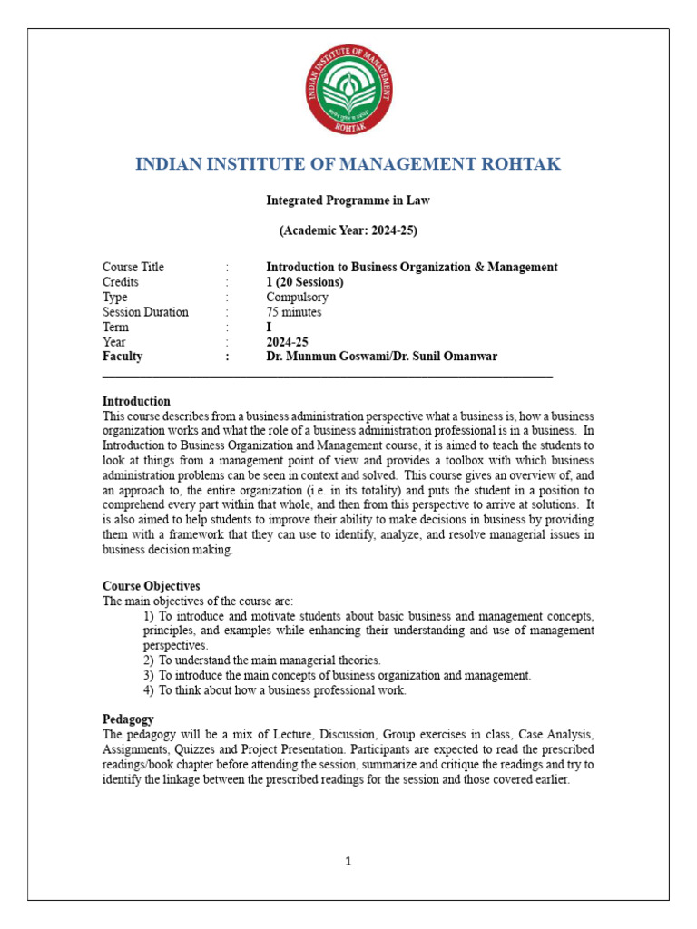 Course Outline - Introduction To Business Organization Management | PDF ...