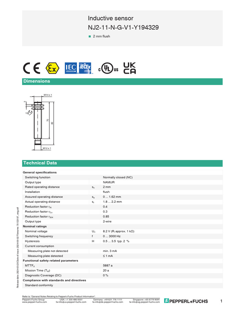 Inductive Sensor NJ2-11-N-G-V1-Y194329: Dimensions | PDF