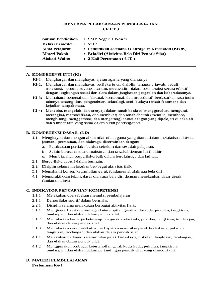 RPP Kls 7 Sms 1 Pencak Silat | PDF