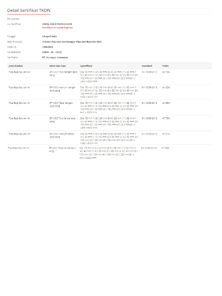 Sertifikat Pipa Spindo | PDF