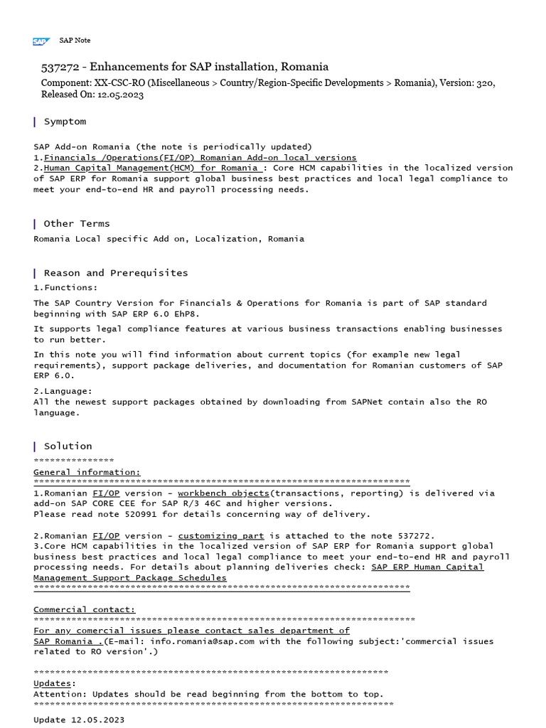Enhancements For SAP Installation, Romania: Symptom | PDF | Value Added ...