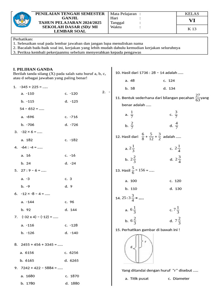 Penilaian Tengah Semester Ganjil TAHUN PELAJARAN 2024/2025 Sekolah Dasar (SD) / Mi Lembar Soal | PDF