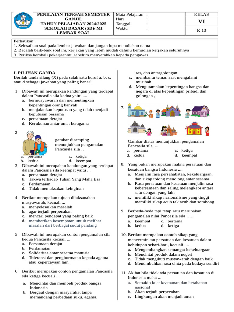 Penilaian Tengah Semester Ganjil TAHUN PELAJARAN 2024/2025 Sekolah Dasar (SD) / Mi Lembar Soal | PDF