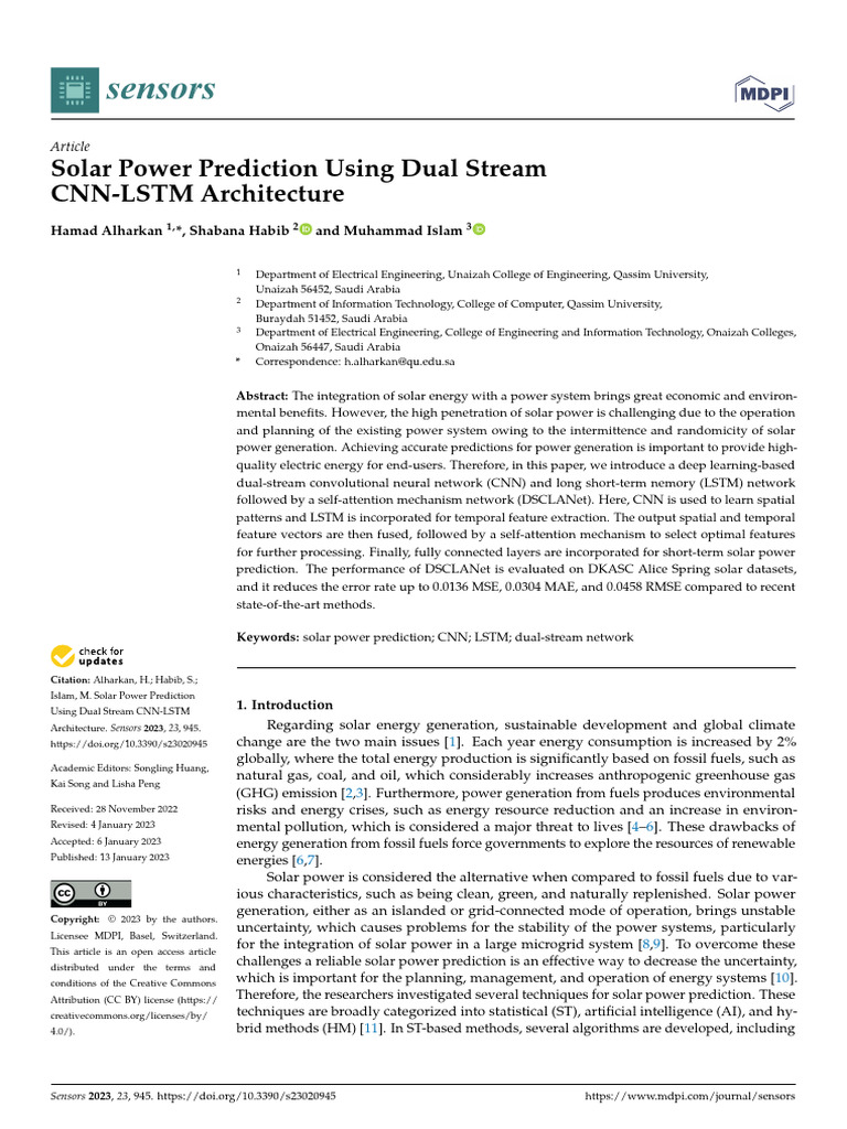 Solar Power Prediction Using Dual Stream Cnn Lstm Pdf