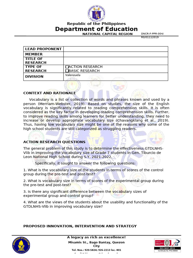 Action Research Template 2024 2025 | PDF