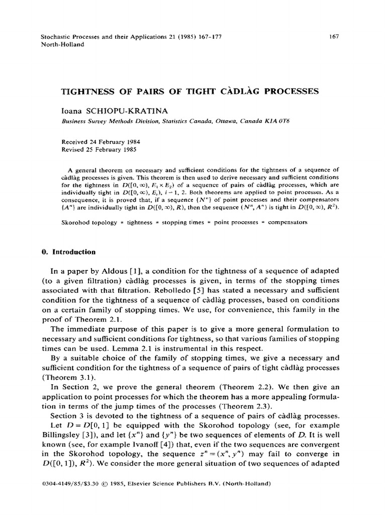 Ioana Schiopu-kratina Tightness of Pairs of Tight Cadlag Processes | PDF