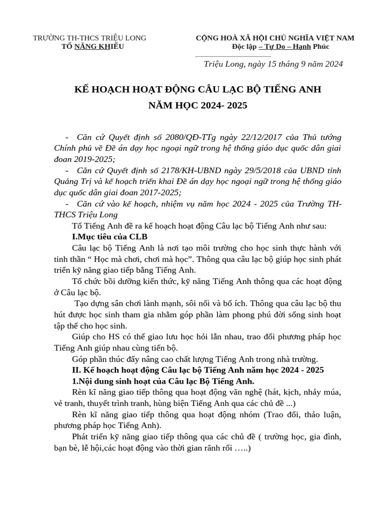 Ke Hoach CLB Ta 24-25 | PDF