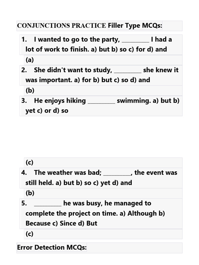 Conjunctions MCQs | PDF