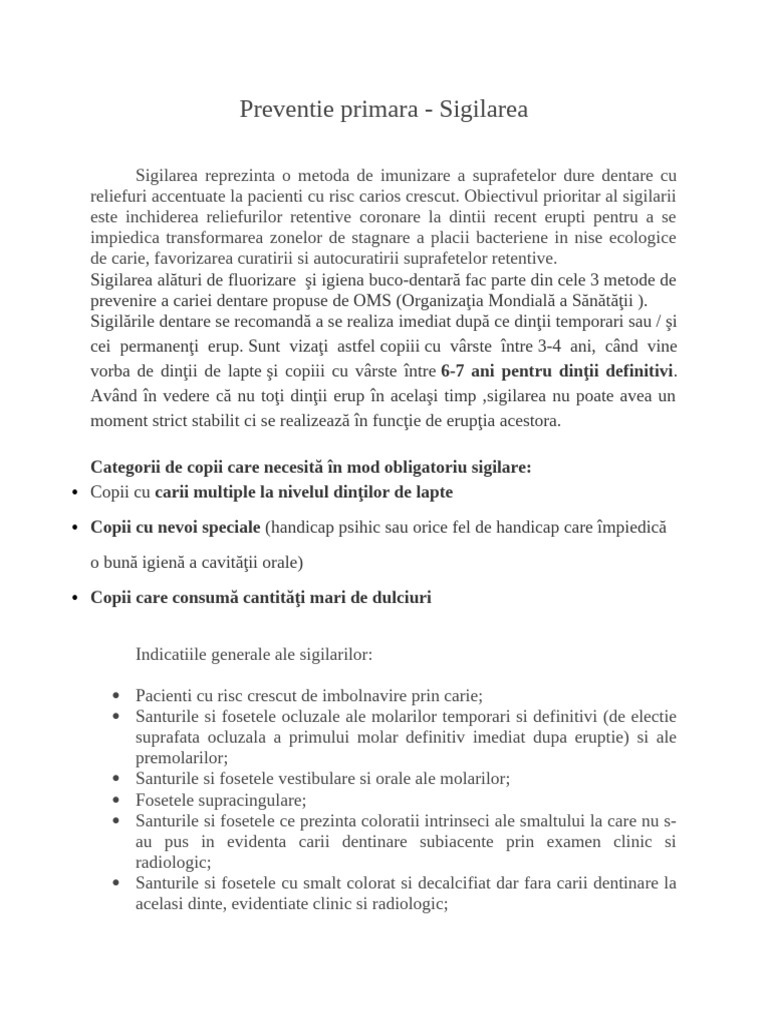 Preventie Primara - Sigilarea | PDF