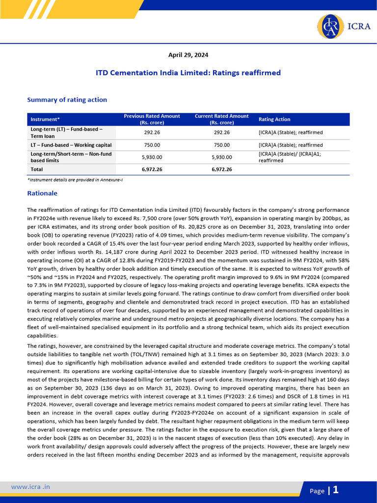 ITD Cementation India Limited | PDF | Working Capital | Finance & Money Management