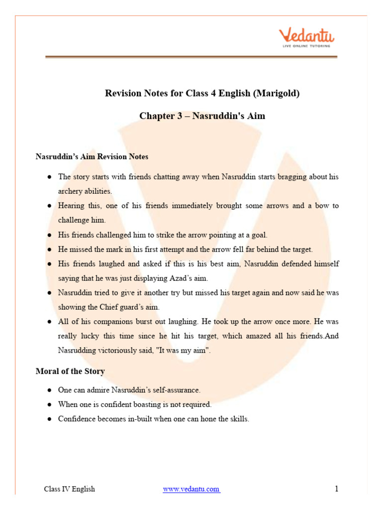 CBSE English (Marigold) Chapter 3 Nasruddin's Aim Class 4 Notes PDF | PDF