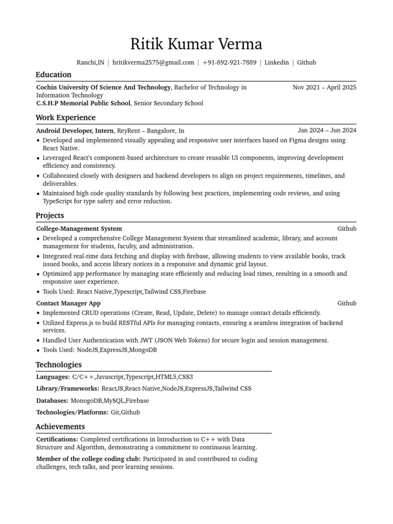 RenderCV EngineeringResumes Theme 1 | PDF