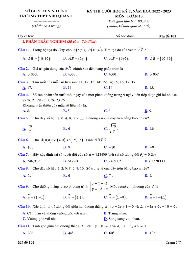 De Cuoi Hoc Ky 2 Toan 10 Nam 2022 2023 Truong THPT Nho Quan C Ninh Binh | PDF