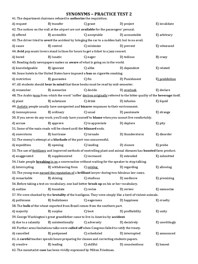 Synonyms - Practice Test 2 | PDF