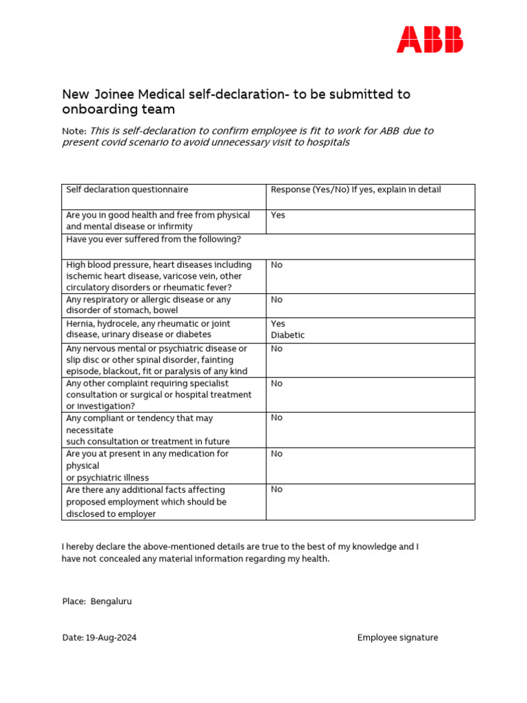 Prashanth-Medical Self Declaration Form | PDF