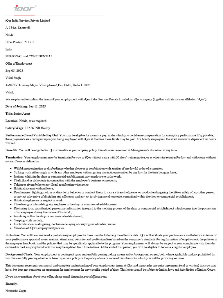 Iqor OfferLetter Vishal Singh | PDF | Employment | Justice