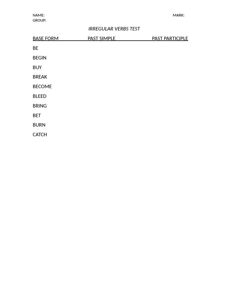 Irregular Verbs Test | PDF