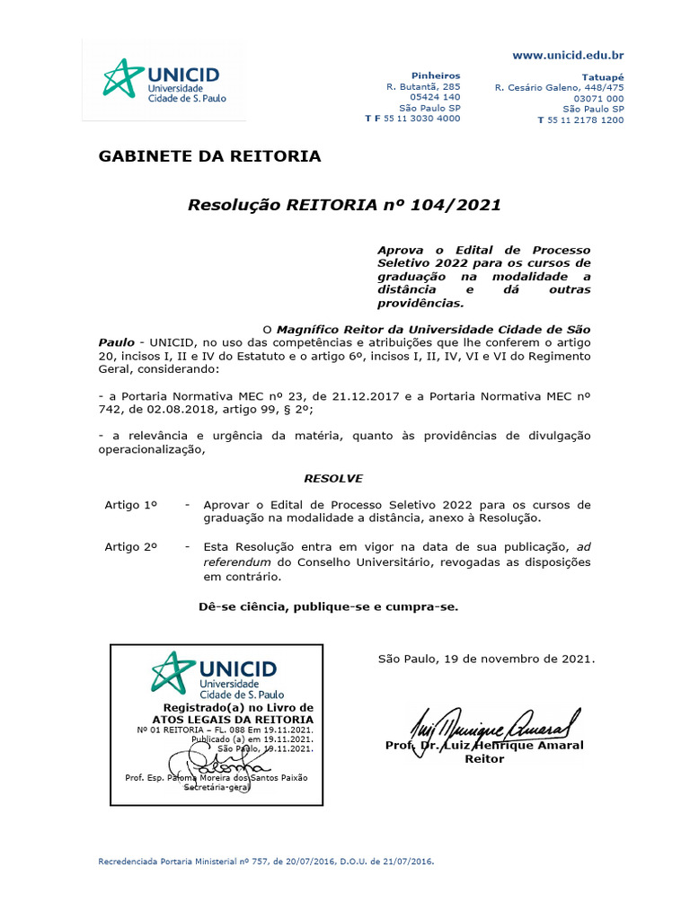 UNICID Edital 2022 EAD | PDF