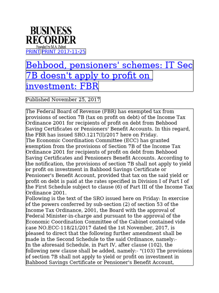 Business Recorder No 7B On Behbood Certificates, Pba, Shuhada Acc ...