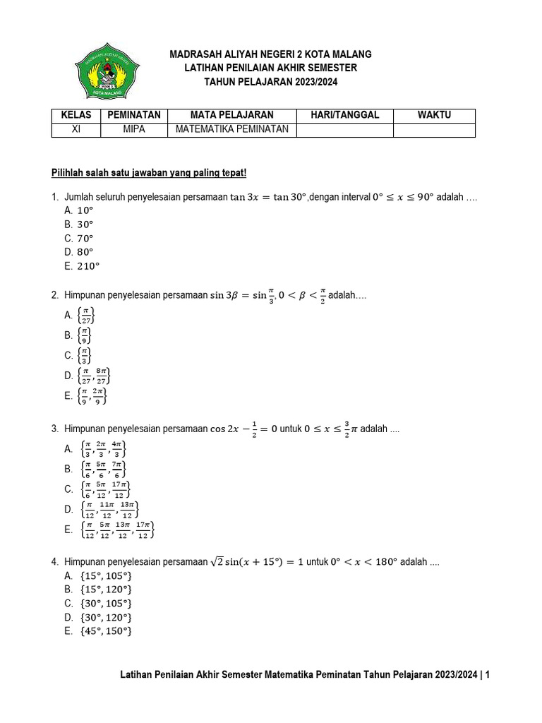 Latihan PAS Matematika Peminatan TP. 2023-2024 | PDF