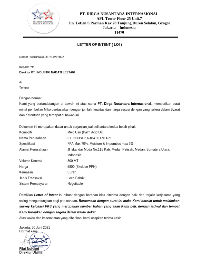 Contoh LOI Pembelian PAO PT. INL | PDF