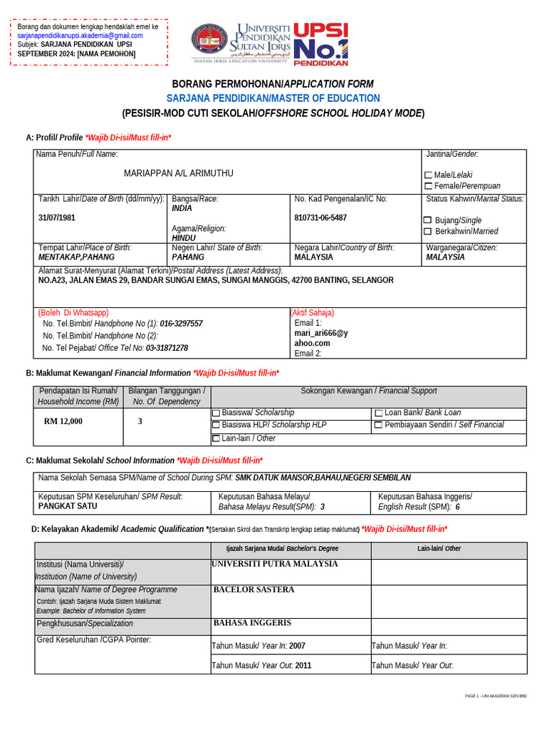 BORANG PERMOHONAN SARJANA UPSI SEPTEMBER 2024 | PDF