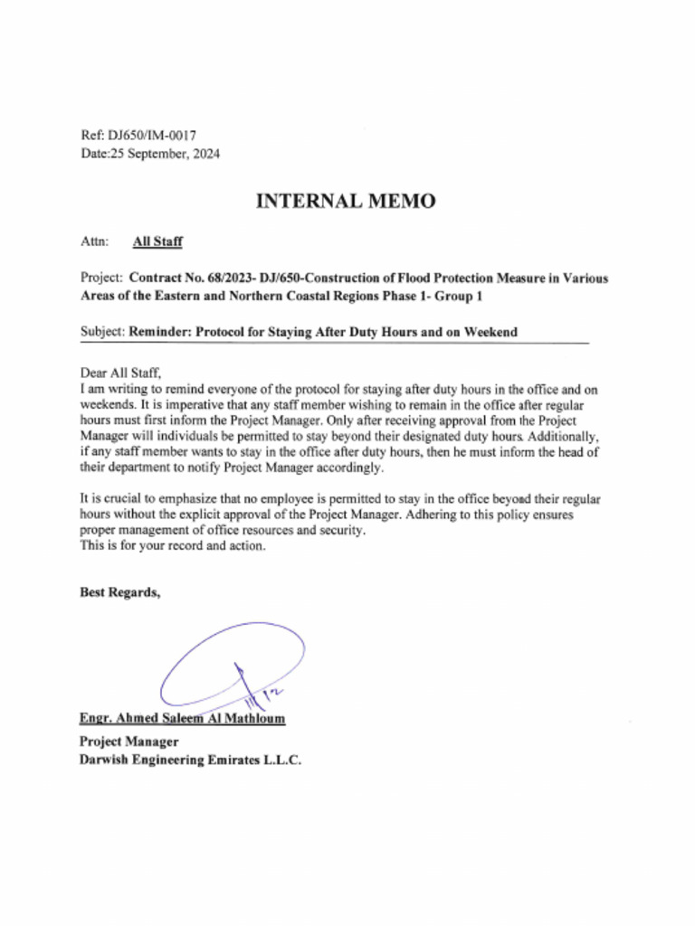 Reminder - Protocol For Staying After Duty Hours and On Weekend | PDF