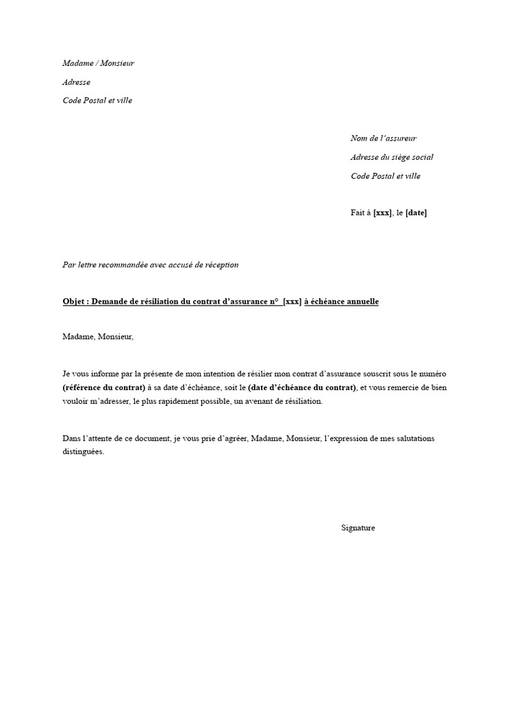Modèle Lettre Résiliation Assurance | PDF | Law