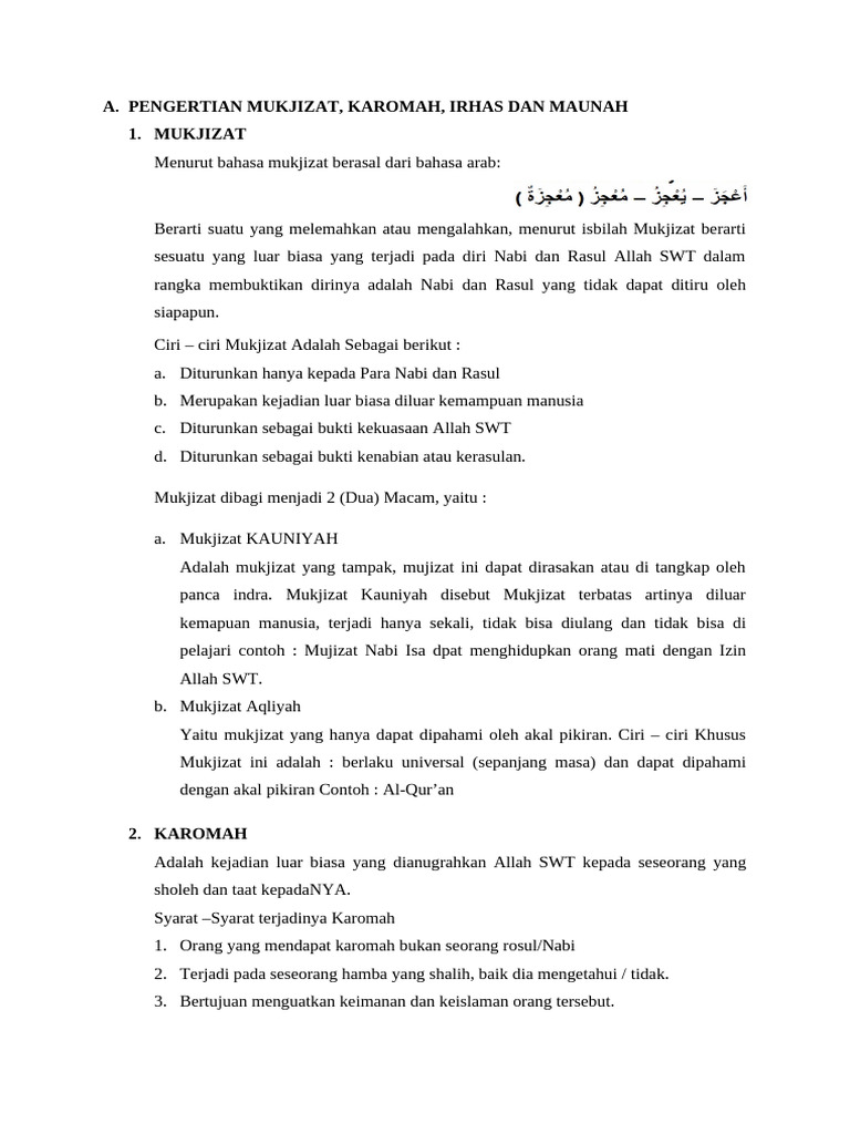 Pengertian Mukjizat, Karomah, Irhas Dan Maunah | PDF