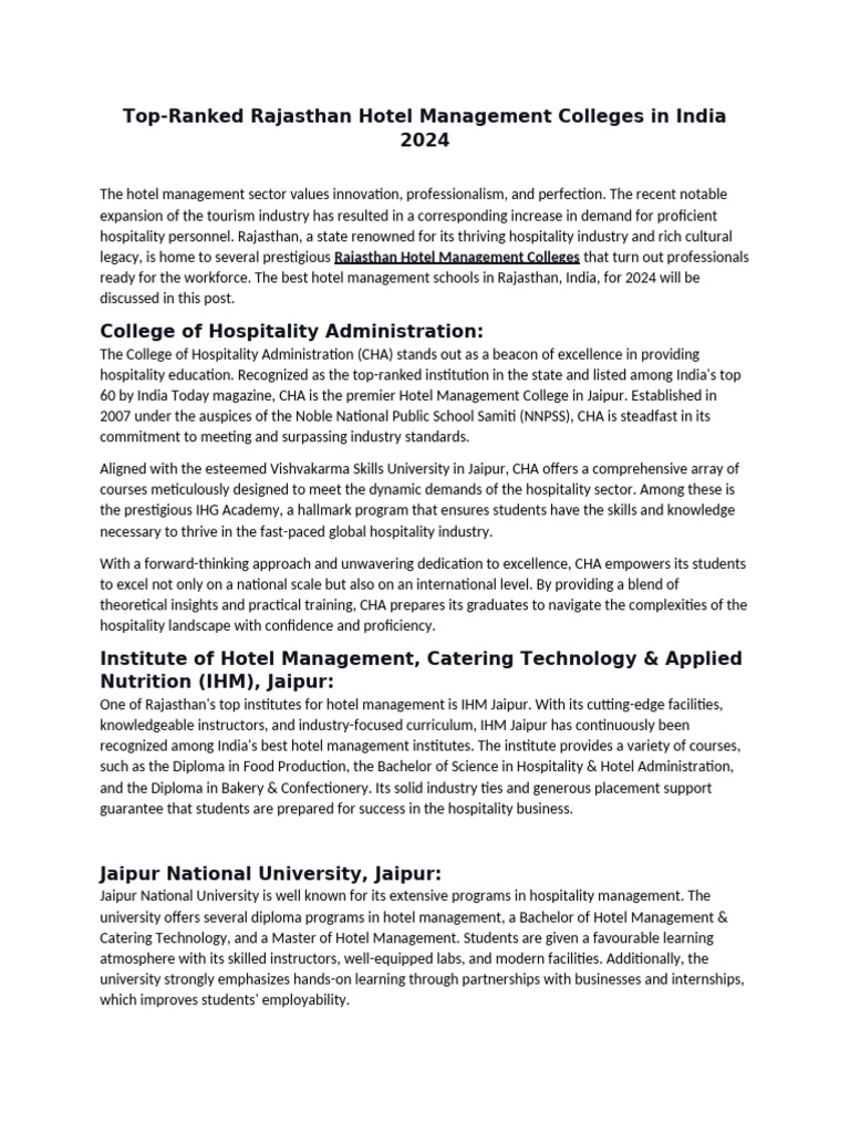 Hotel Management Degree in Rajasthan | PDF
