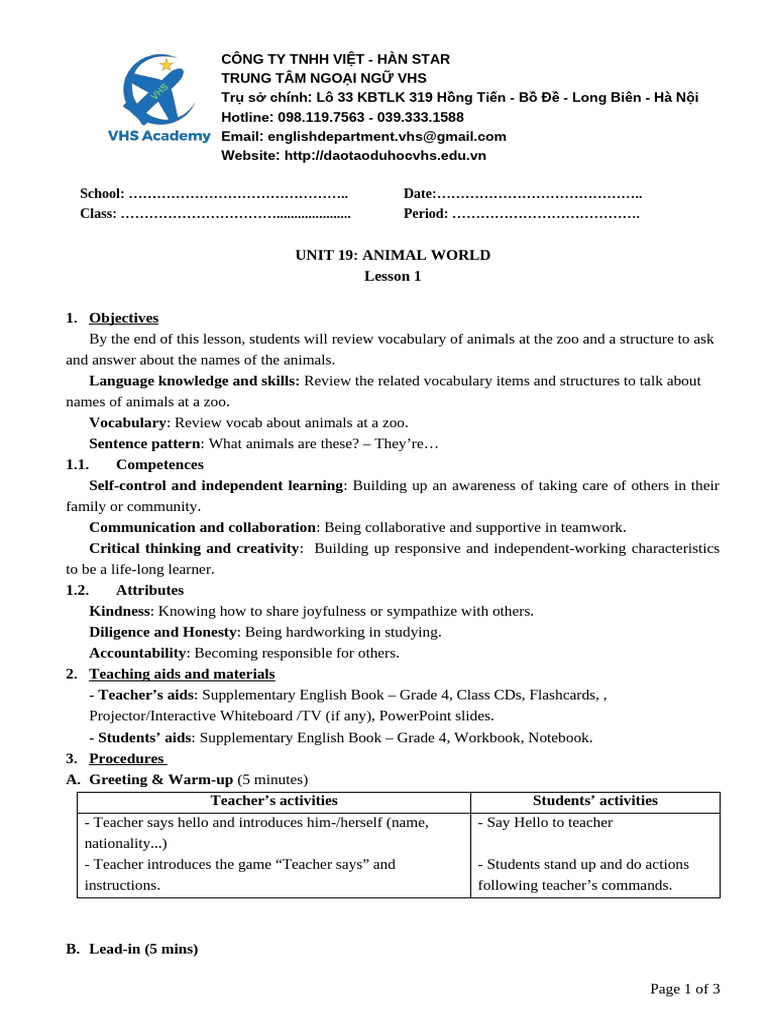 Grade 4 - Lesson Plan - Unit 19 - Lesson 1 - Animal World | PDF ...