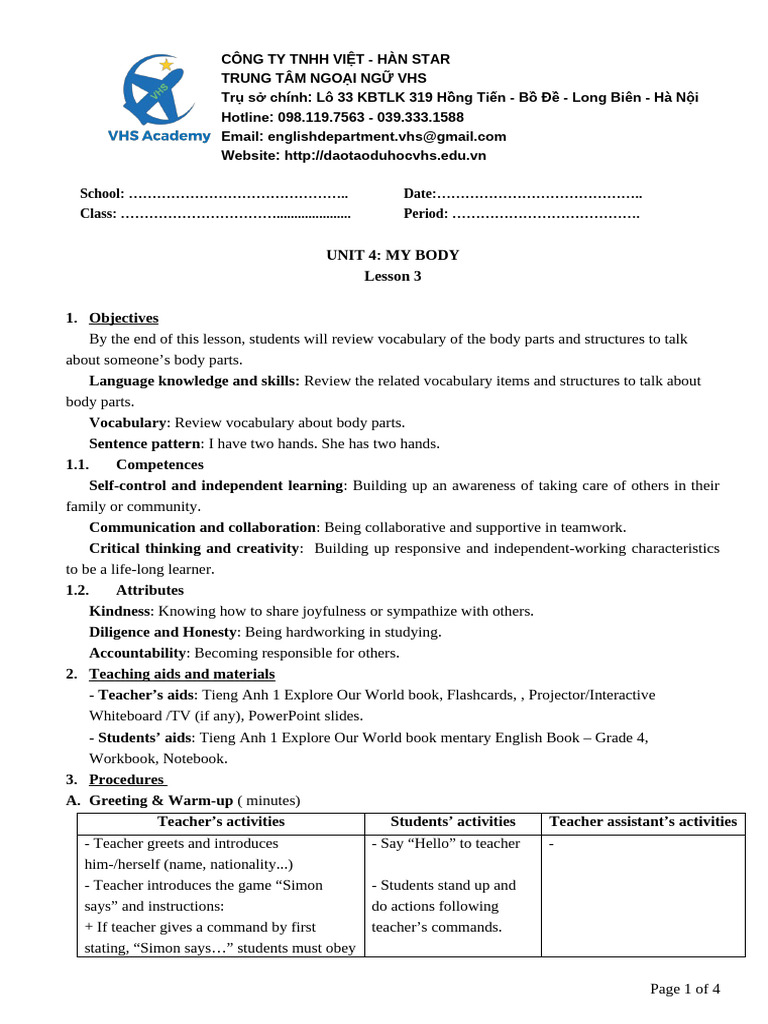 Grade 1_Lesson plan_Unit 4 _Lesson 3_My body | PDF
