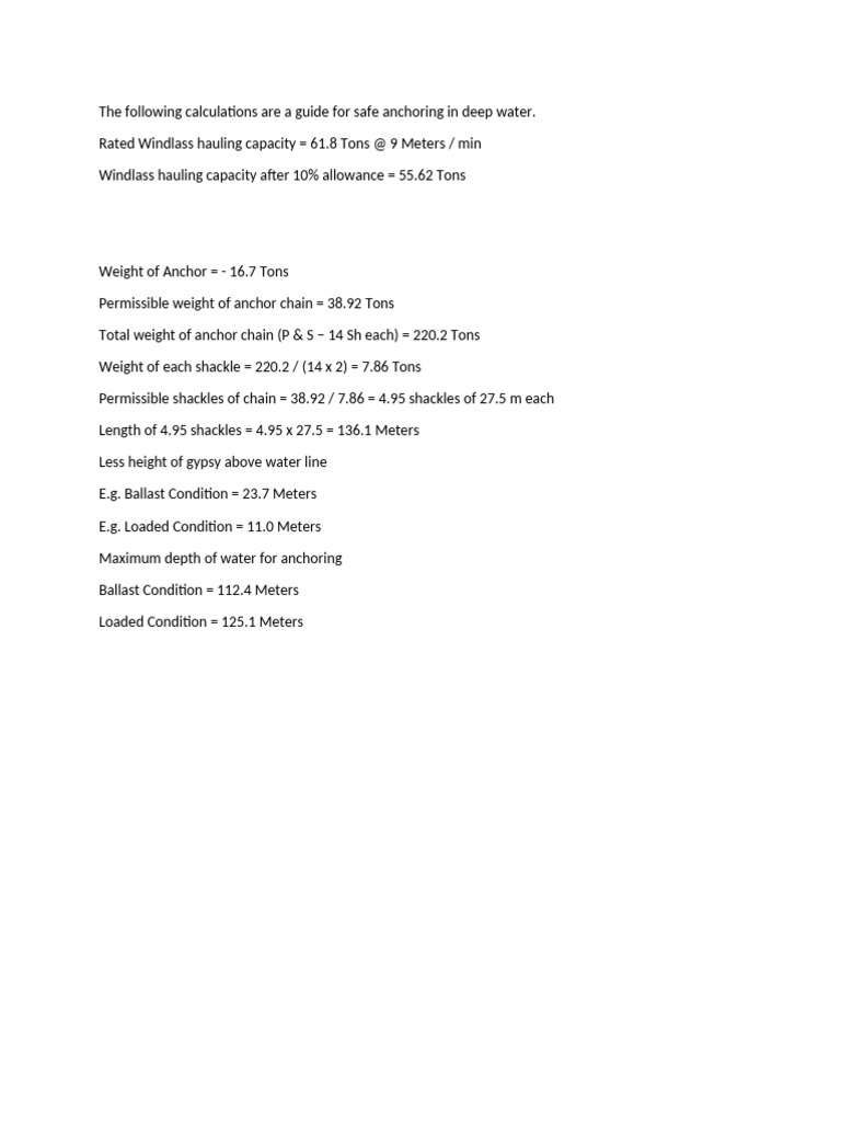 The Following Calculations Are A Guide For Safe Anchoring in Deep Water ...