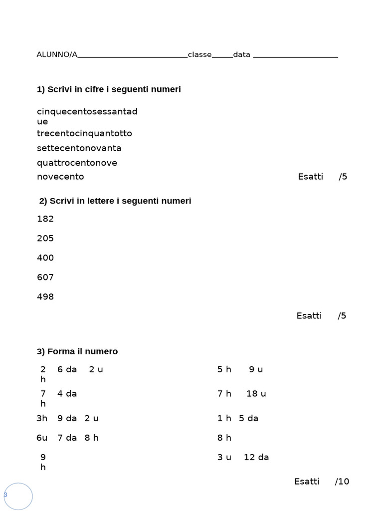 Verifica Primo Quadrimestre Di Matematica Classe Terza Ob E Val