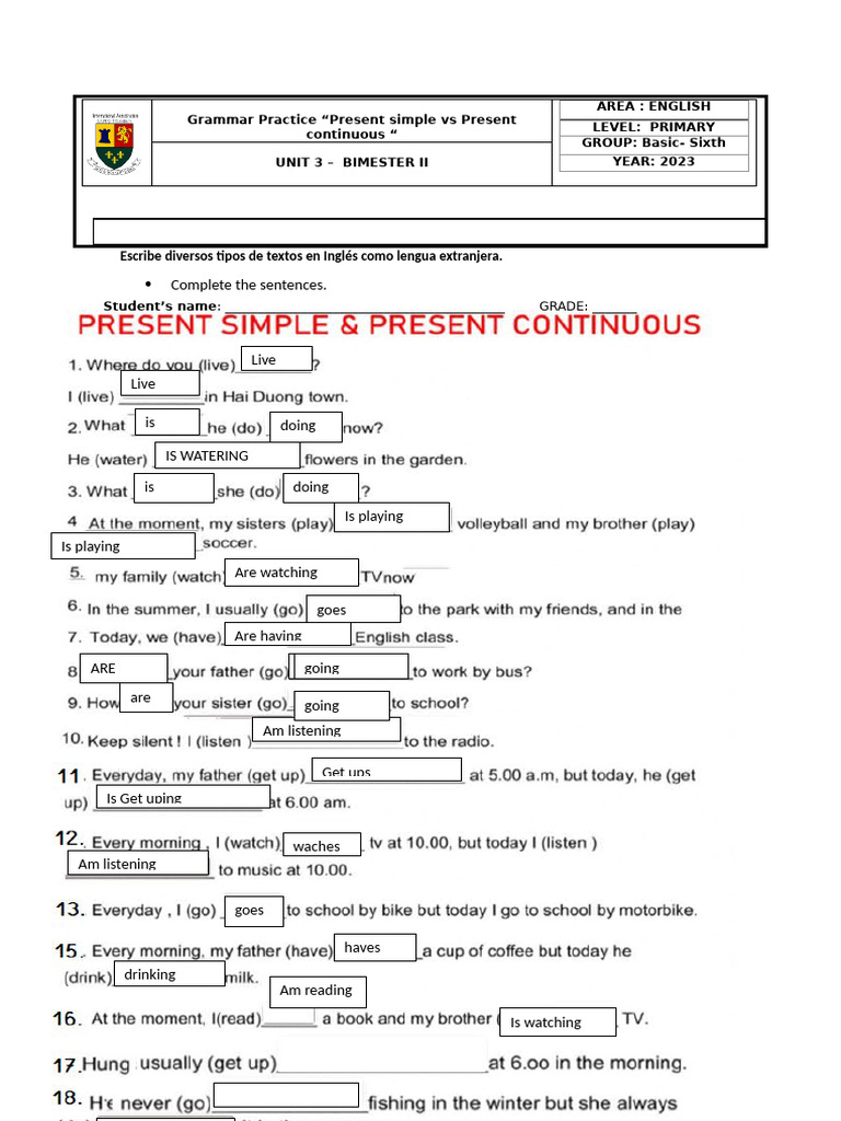 Grammar Practice 2 - U3 - Sexto | PDF