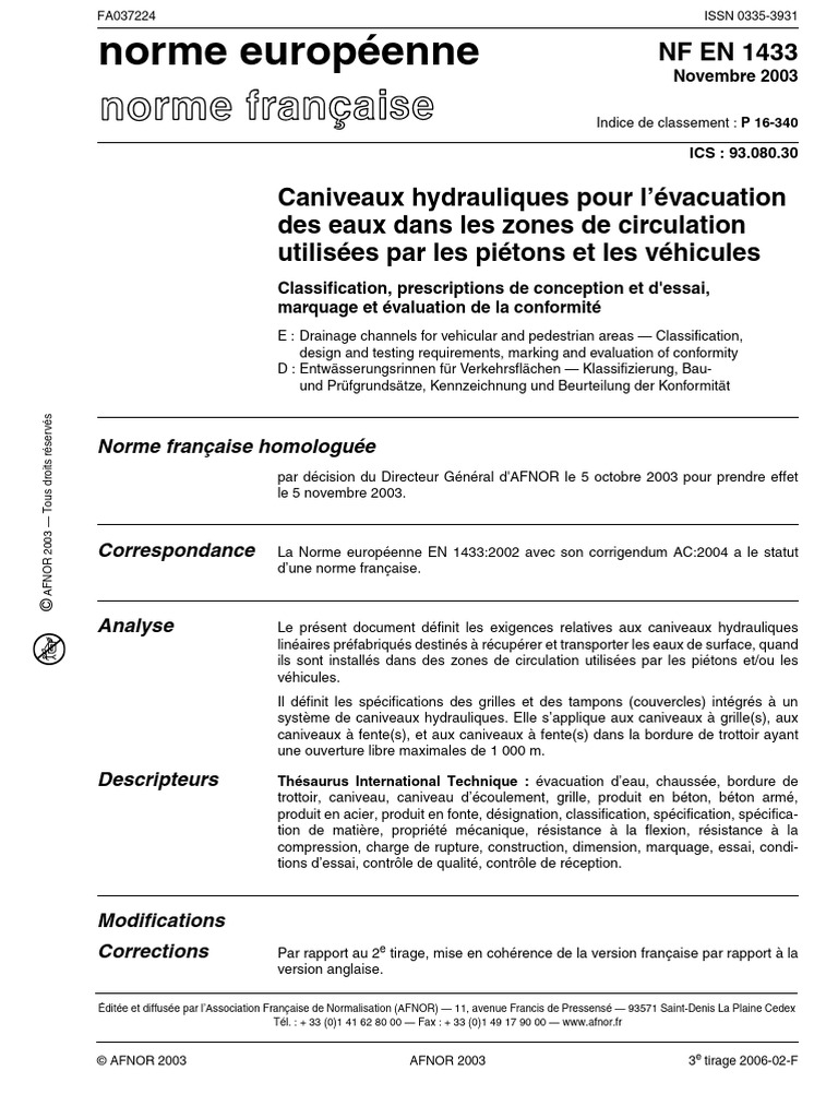 NF EN 1433 - Caniveaux Hydrauliques Pour Évacuation Des Eaux | PDF