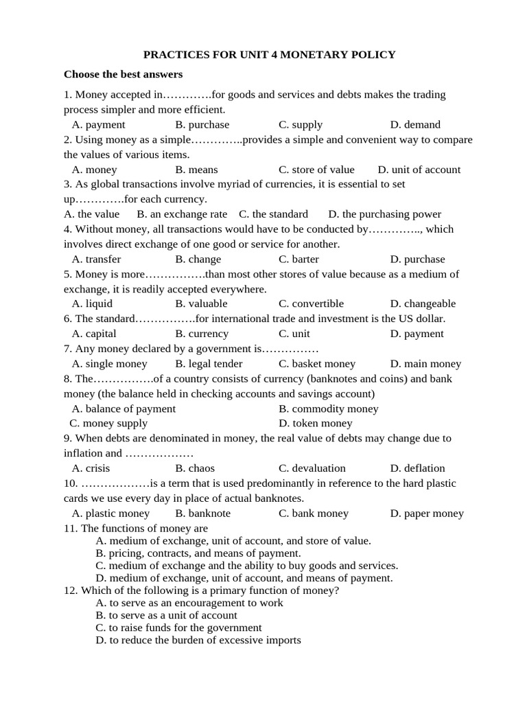 Practices For Unit 4 Monetary Policy | PDF