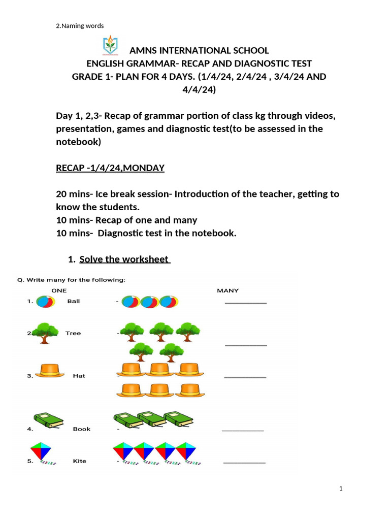 PLAN FOR THE FIRST 5 DAYS, GRADE 1,ENGLISH | PDF
