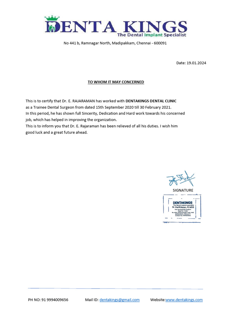 DR Rajaraman Experience Certificate | PDF