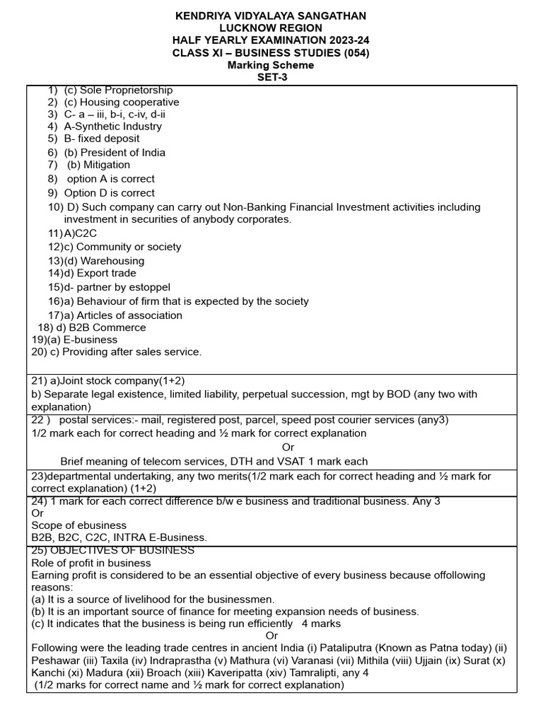 Class Xi BST Marking Scheme 2023-24 | PDF | Learning | Teachers