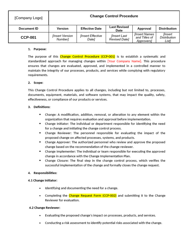 CCP-001 Change Control Procedure | PDF