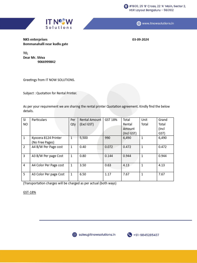 NKS enterprises Rental Printer Quotation 3rd Sep | PDF