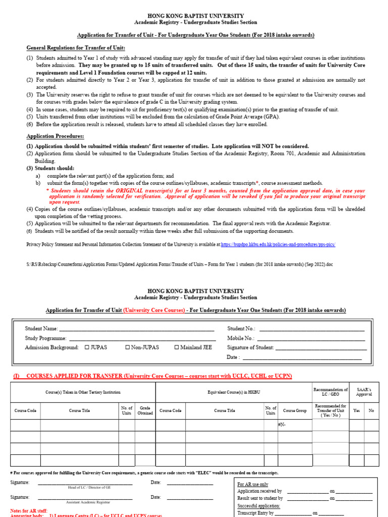 Transfer of Unit - Form For Year 1 Students For 2018 Intake Onwards Sep ...