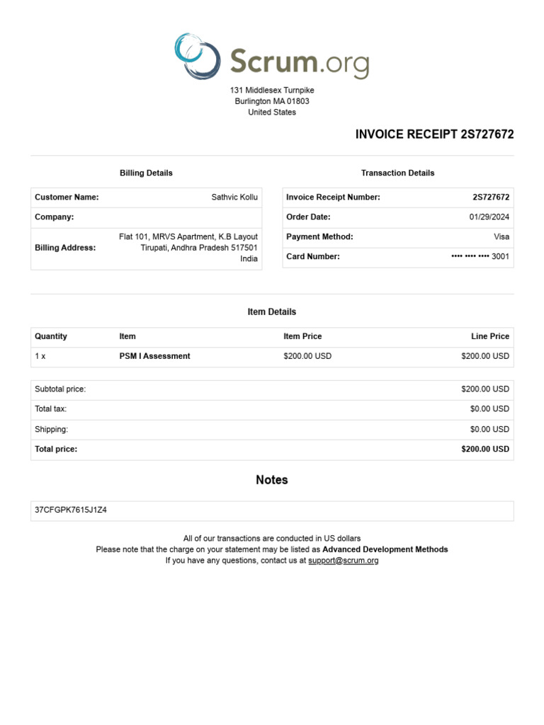 PSM 1 Certification Receipt | PDF